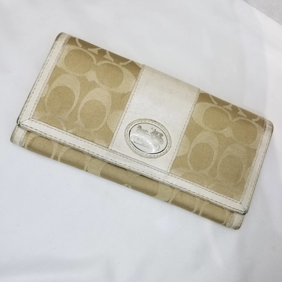 Coach | Bags | Coach Long Wallet Tan Ivory Jacquard Logo Pattern Fold ...